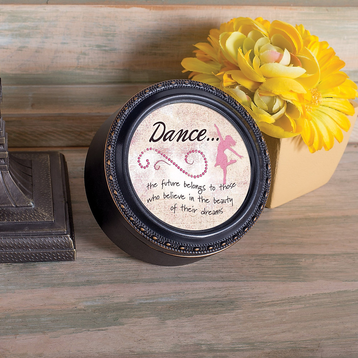 Cottage Garden Future Belongs to Those Who Believe Black Rope Trim Petite Round Jewelry and Keepsake Box