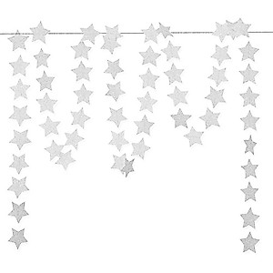 Glitter Silver Paper Star Hanging Garland - Twinkle Star Banner for Baby Shower Backdrop, Birthday Party Wall Decoration, 2.8", Totally 23 ft/7m