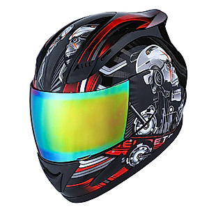 1Storm Motorcycle Bike Full FACE Helmet Mechanic Skull - Tinted Visor RED