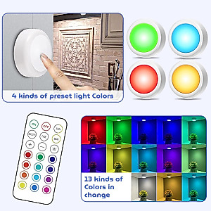 LED Puck Lights, Battery Operated Under Cabinet Light, RGB Color Changing Night Lights with Timer, Dimmable Push Light for Bathroom Kitchen Bedroom, 6 Pack