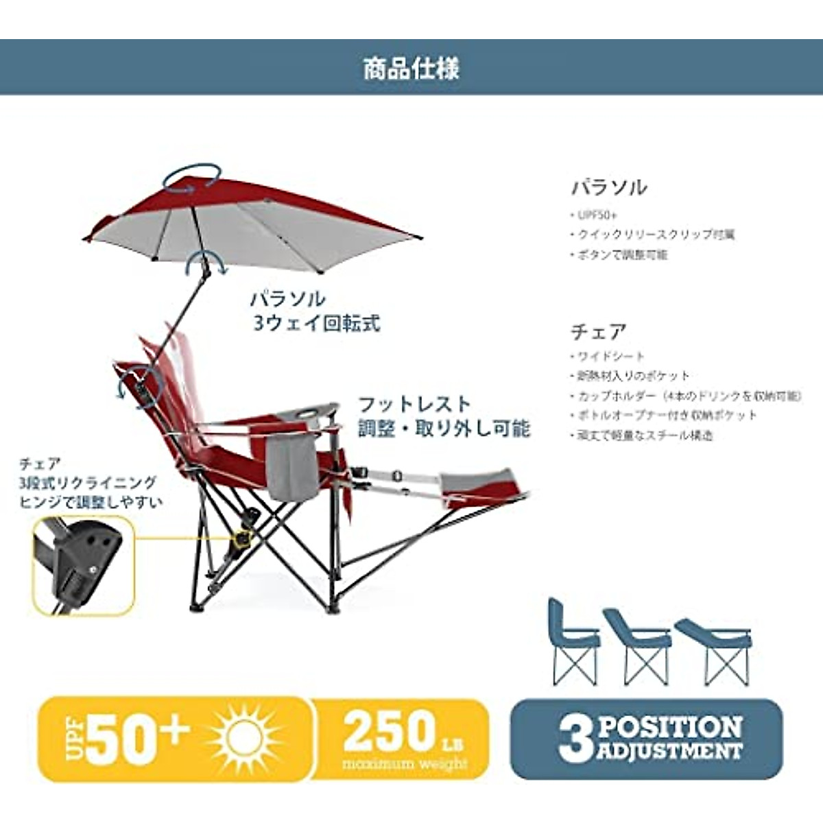 Sport-Brella 3-Position Recliner Chair with Removable Umbrella and Footrest,Stainless Steel, Midnight Blue