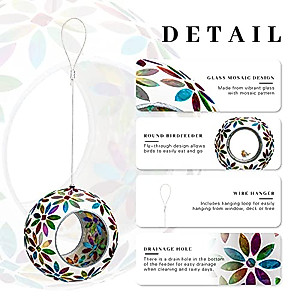 VCUTEKA Bird Feeder for Outside Hanging with Round Shape Glass Container to Attract More Wild Birds, Mosaic Fly Through for Garden, Yard, Backyard, Deck and Porch Decor, 7-Inch