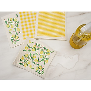 KAF Home Clean It Mixed Swedish Dish Cloths - Set of 4, Reusable, Absorbent Cellulose Sponge Towels for Kitchen, Cleaning Counters, and Washing Dishes (All Over Lemon)