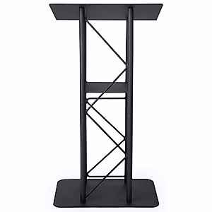 Displays2go Black Aluminum and Steel Truss Lectern with Curved Design and Built-in Shelf, 47-Inch Tall, Textured Finish (LCTTACBK)