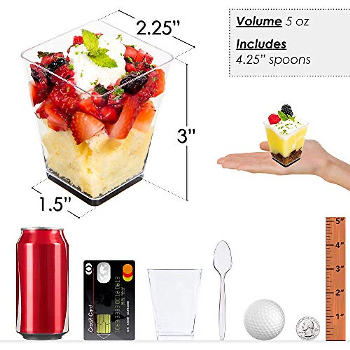 DLux 50 x 5 oz Mini Dessert Cups with Spoons, Square Large - Clear Plastic Parfait Appetizer Cup - Small Reusable Serving Bowl for Tasting Party Desserts Appetizers - With Recipe Ebook