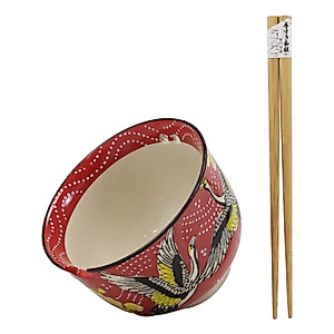 Ebros Gift Red Sky Flying Crane Ramen Udong Noodles 5" Diameter Bowl With Built In Chopsticks Rest and Bamboo Chopstick Set for Dining Soup Rice Meal Cereal Bowls Decor Kitchen Asian Fusion