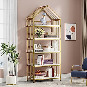 Tribesigns 5-Tier Bookshelf, 75 Inch Arched Faux Marble Bookcase Book Shelf, Modern Bookshelves Plant Stand Rack, Freestanding Display Shelf Organizer Rack for Living Room, Bedroom, White & Gold