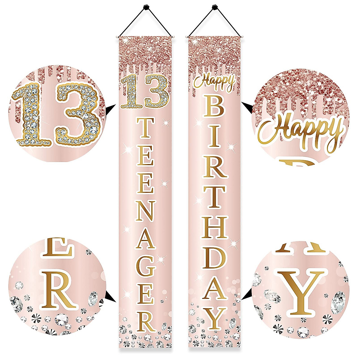 13th Birthday Decorations Door Banner for Girls, Pink Rose Gold 13 Teenager Happy Birthday Sign Party Supplies, Sweet Thirteen Year Old Birthday Backdrop Porch Décor