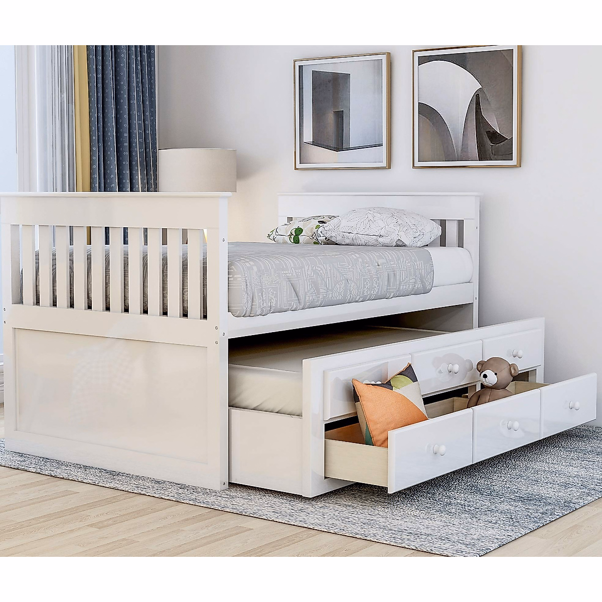 Rhomtree Twin Captain’s Bed Storage daybed with Trundle and Drawers for Kids Guests (White)