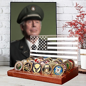 Lampeez Challenge Coin Display, Light up Coin Holder American Flag with Warm White Color Light, Military Coins Holder Case 4 Row Holder Wooden Stand Rack Gift for Military Army for Him Father