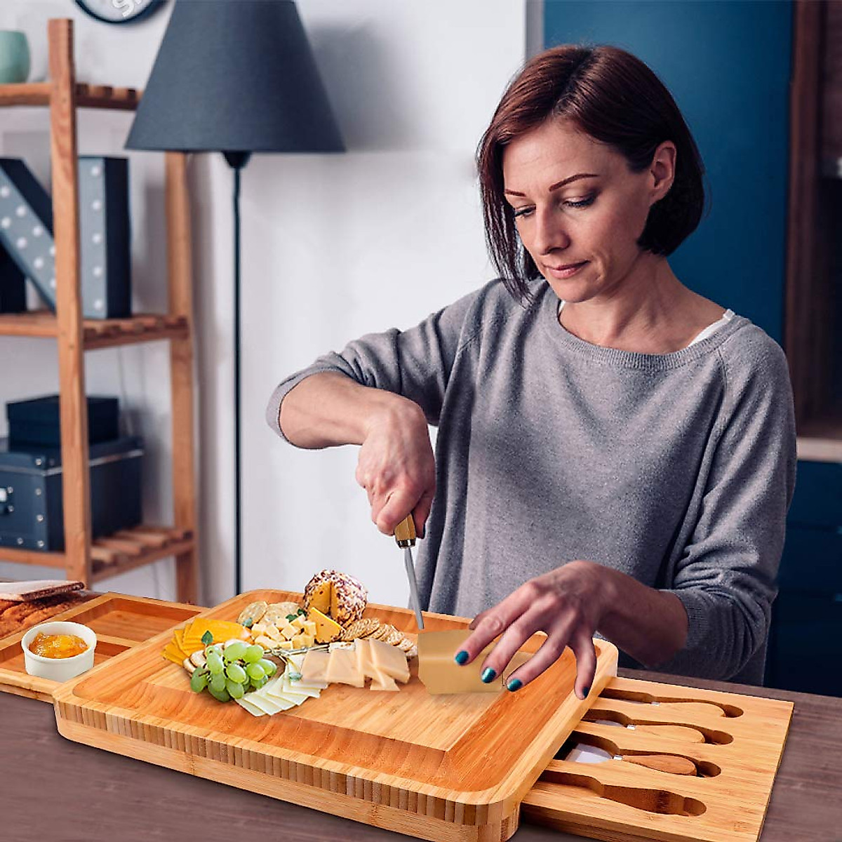Bamboo Cheese Board and Knife Set,Cheese Servers with Hidden Drawer,Charcuterie Platter and Cheese Serving Tray for Wine, Crackers,Brie and Meat