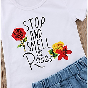 Toddler Baby Girls Smell The Rose T shirtTops + Denim Skirts Clothing Outfit Set (2-3Years, White)