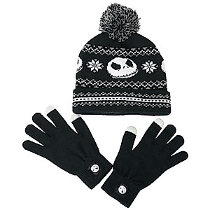Disney Jack Skellington Womens Knit Beanie Hat and Texting Glove Set (Black)