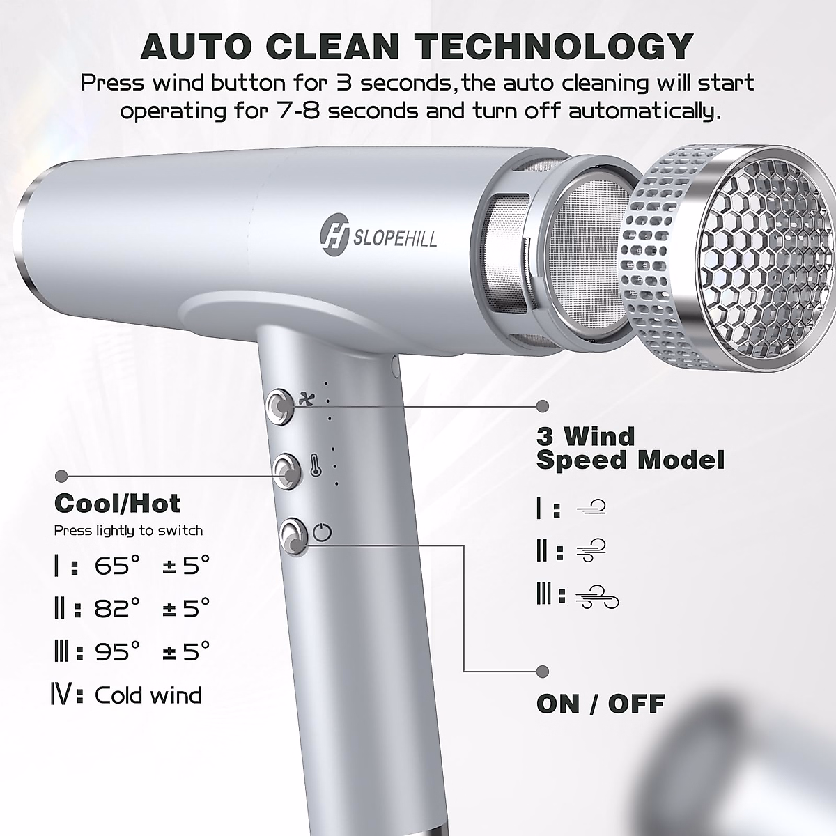 Slopehill Professional Hair Dryer With Diffuser, Ionic, Powerful & Fast Salon Blow Dryer, 110,000 RPM Brushless Motor, Light & Compact for Home Travel (Silver)