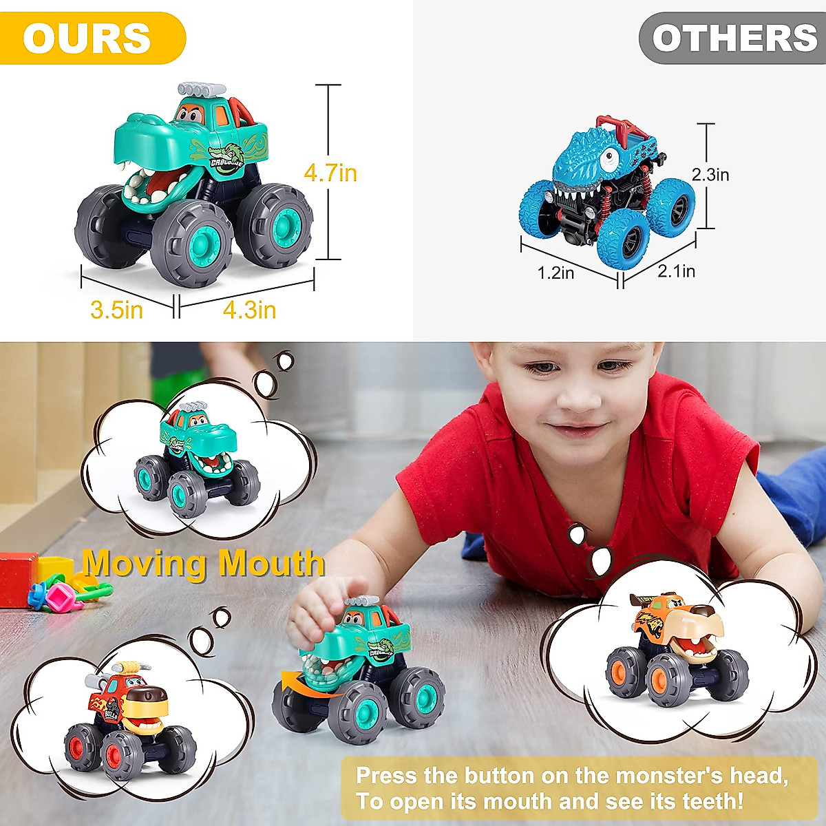 HIEMAO Monster Toy Cars for 1 2 3 4 Year Old Boys, 3 Pack Friction Powered Push & Pull and Go Animal Trucks, Car Toys Vehicles Set for Toddler (Mid Size, Bull/Leopard/Crocodile)