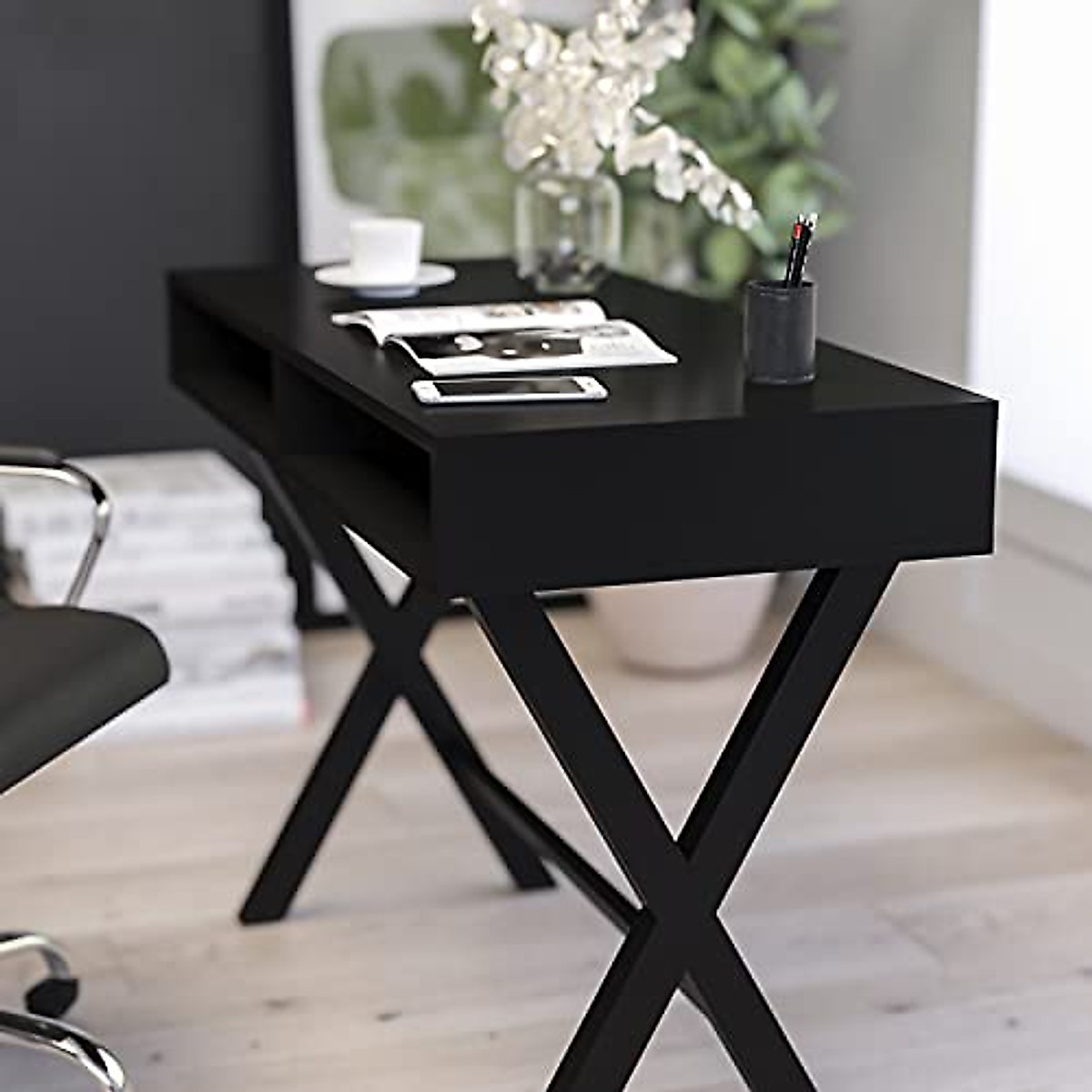 Merrick Lane Davisburg 42" Home Office Writing Desk with Open Front Storage Compartments in Black