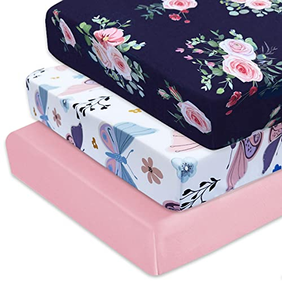 AMROSE 3 Pack Heavenly Soft Crib Sheets for Baby Girls, 28'' X 52'' Fitted Crib Sheets for Crib and Toddler Mattress Pad, Silk Touch Gentle Breathable Microfiber, Floral & Butterfly