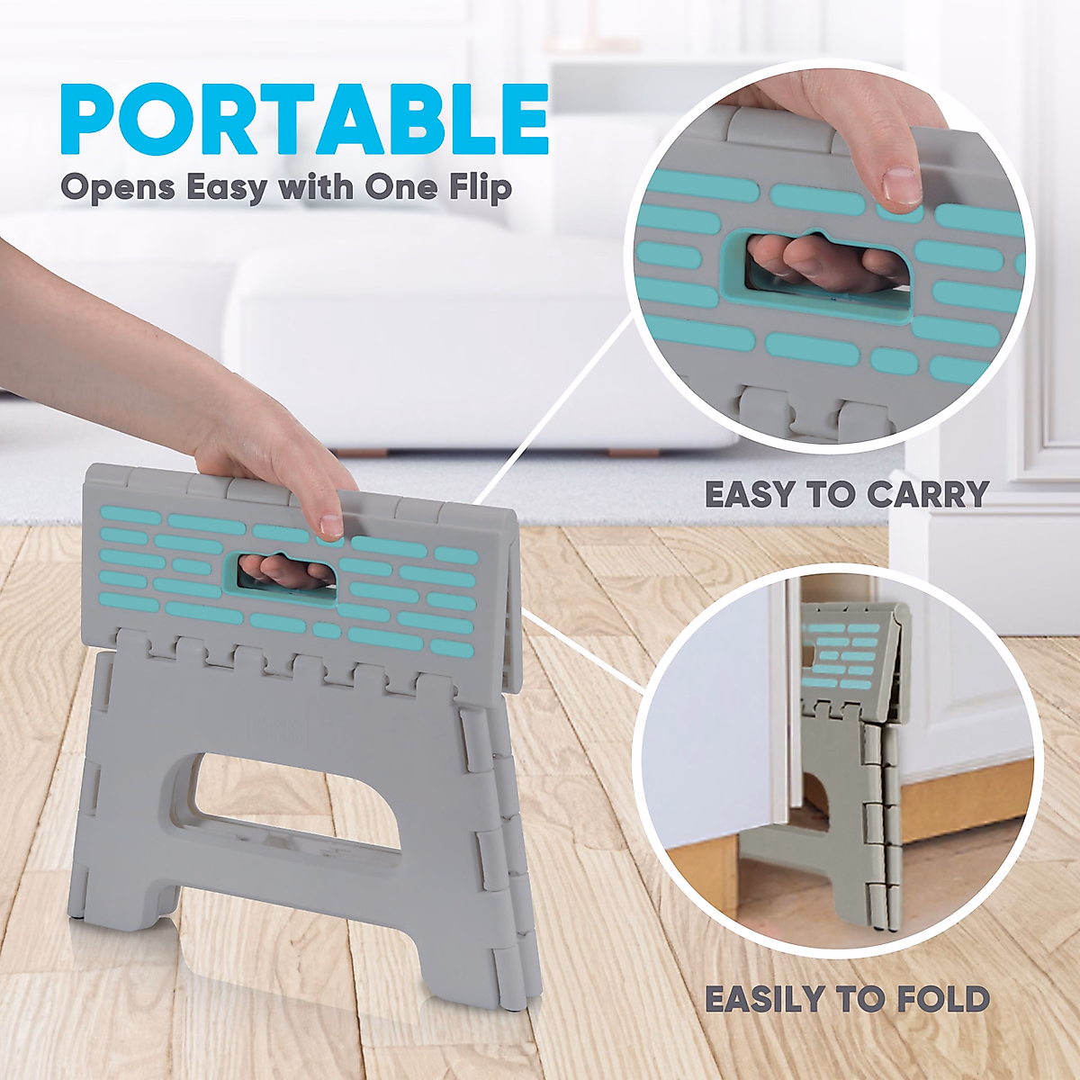 BLACK+DECKER 9'' Folding Step Stool, Foldable Collapsible Step Stools for Adults Holds Up to 330 lbs, Compact Non-Slip Surface with Carry Handle for Kitchen, Bedroom, Garden, Bathroom, Gray/Teal