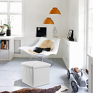 Storage Ottoman Cubes, PU Folding Ottoman Seat Set of 2, Faux Leather Ottoman Foot Rest, Small Leather Storage Ottoman Bench Foot Rest, Short Ottoman Stools, Tufted Folding Ottomans with Lid, White