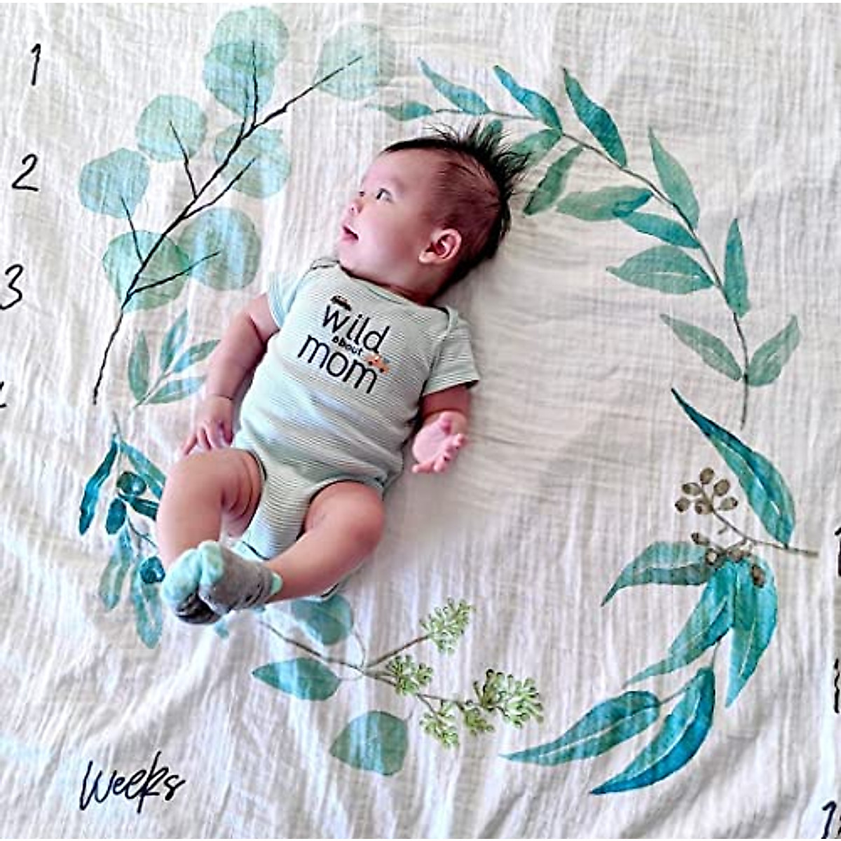 Organic Baby Monthly Milestone Blanket Newborn Boy Girl Unisex Gender Neutral| Green Leaf Wreath Eucalyptus Baby Nursery Month Picture Blanket| Growth Photography Background Prop|Birth Announcement