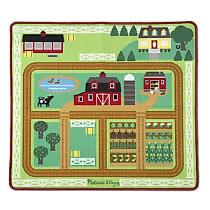 Melissa & Doug Round the Barnyard Farm Activity Play Rug (39 x 36 inches) - Wooden Tractor, Trailer, 3 Toy Animals