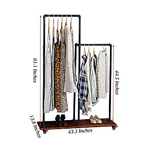 Hanging Clothes Rack with Shelves,Industrial Pipe Clothing Rack on Wheels,Heavy Duty Rolling Garment Rack - Clothes Racks for Hanging Clothes - Natural Wood Base