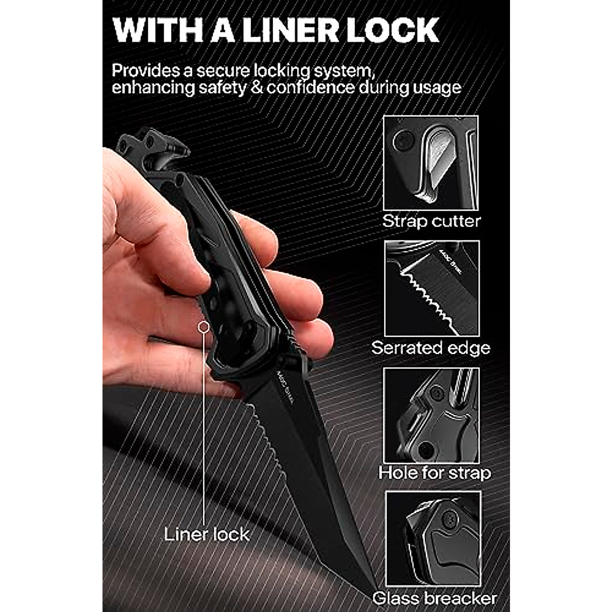 Tactical Knife for Men - 2.8 Inch Tanto Serrated Blade - Black Pocket Knife with Glass Breaker Seatbelt Cutter Pocket Clip - Cool Folding Knives for Camping Military Work - Birthday Mens Gifts 6620