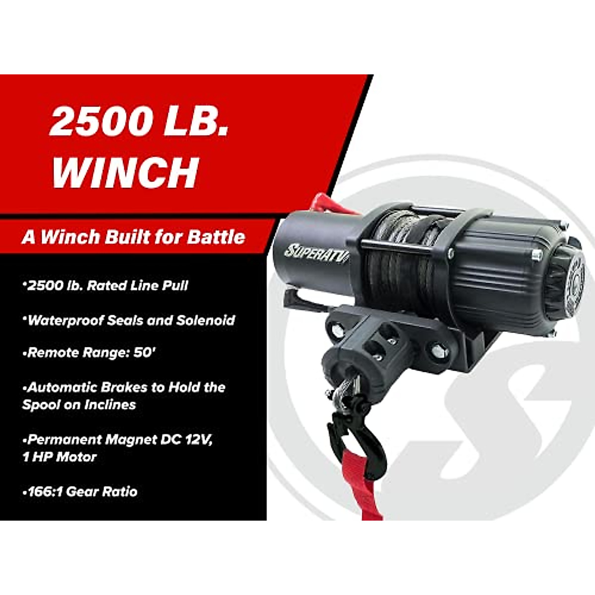 SuperATV Black Ops 2500 LB Winch Kit for UTV/ATV | Includes 50 Ft. Synthetic Rope | 12 Volt Winch | 1 HP Motor | Waterproof Seals and Solenoid | 166:1 Gear Ratio