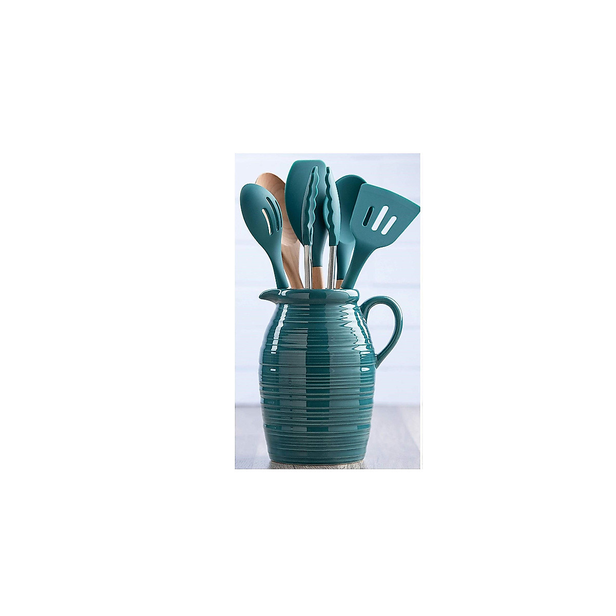 Farmhouse Crock and Utensil Set 7 Piece Green Ceramic
