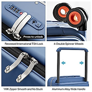 mixi Carry On Luggage Wide Handle Luxury Design Rolling Travel Suitcase PC Hardside with Aluminum Frame Hollow Spinner Wheels, with Cover, 20 inch, Sapphire Blue