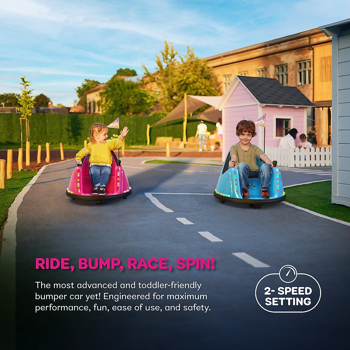 Bumper Buddy Ride On Electric Car for Kids & Toddlers, 12V 2-Speed, Ages 1 2 3 4 5 Year Old Girls - Remote Control, Baby Girl Riding Bumping Toy Gifts Cars - Toys Gift Toddler 12-18 Months Age