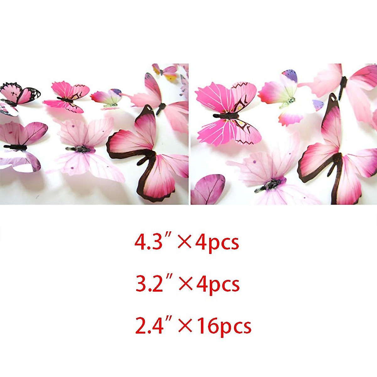 JYPHM 24PCS 3D Butterfly Wall Decal Removable Stickers Decor for Kids Room Decoration Home and Bedroom Art Mural Pink