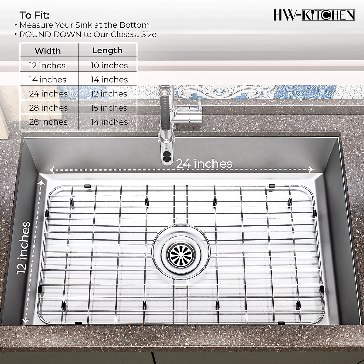 HW-Kitchen 24" x 12" Sink Protector for Kitchen Sink - Stainless Steel Kitchen Sink Rack for Bottom for Sink - Sink Mat - Sink Drying Rack - Kitchen sink protector - Farm Sink Rack for Bottom of Sink