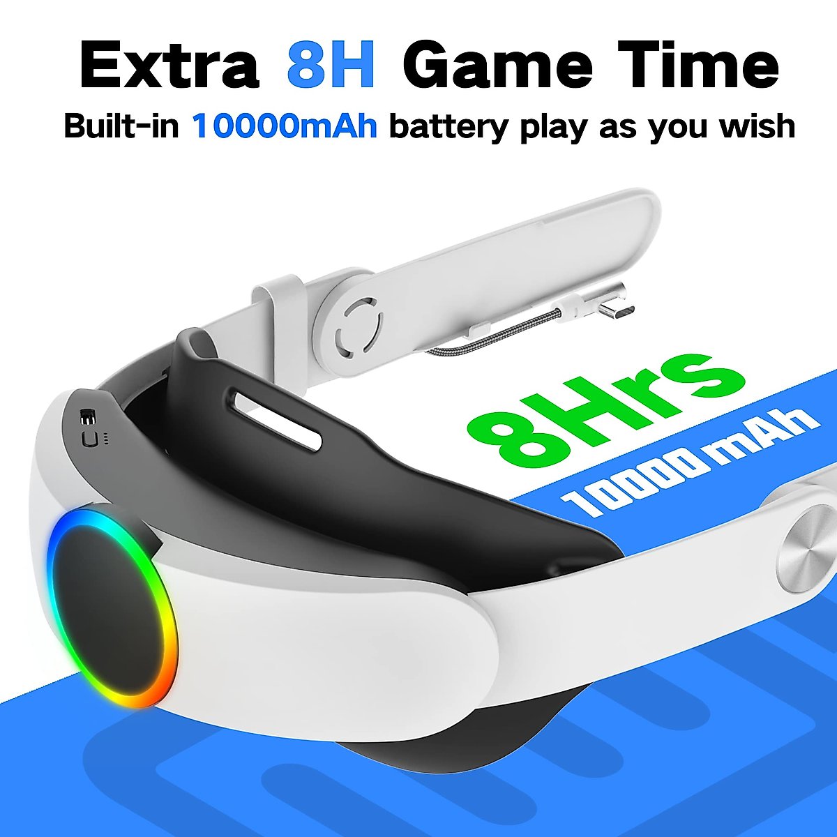 RGB Head Strap with Battery for Oculus Quest 2, 10000mAh Battery Pack for Extended 8 Hrs of Playtime, Fast Charging VR Power, Adjustable Elite Strap Enhanced Support and Balance in VR