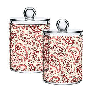 Fustylead 2 Pack Traditional Coral Color Paisley Plastic Apothecary Jar Set for Bathroom Storage, Qtip Holder Dispensers for Cotton Ball, Swab, Round Pads, Floss