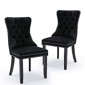 SoarFlash Velvet Dining Chairs Set of 2, Tall Back Side Chair, Modern Upholstered High-end Tufted Side Chair with Button Back Ring, Solid Wood Legs (Black)