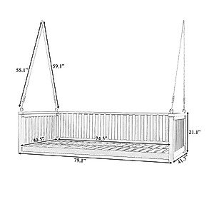 CKLMMC Minimalist 2-Person Acacia Wood Swing Bed, Patio Porch Swing with Ropes for Backyard Garden, Safe Sloped Design,Mattress, Cushions and Pillows not Included(Gray/Acacia)