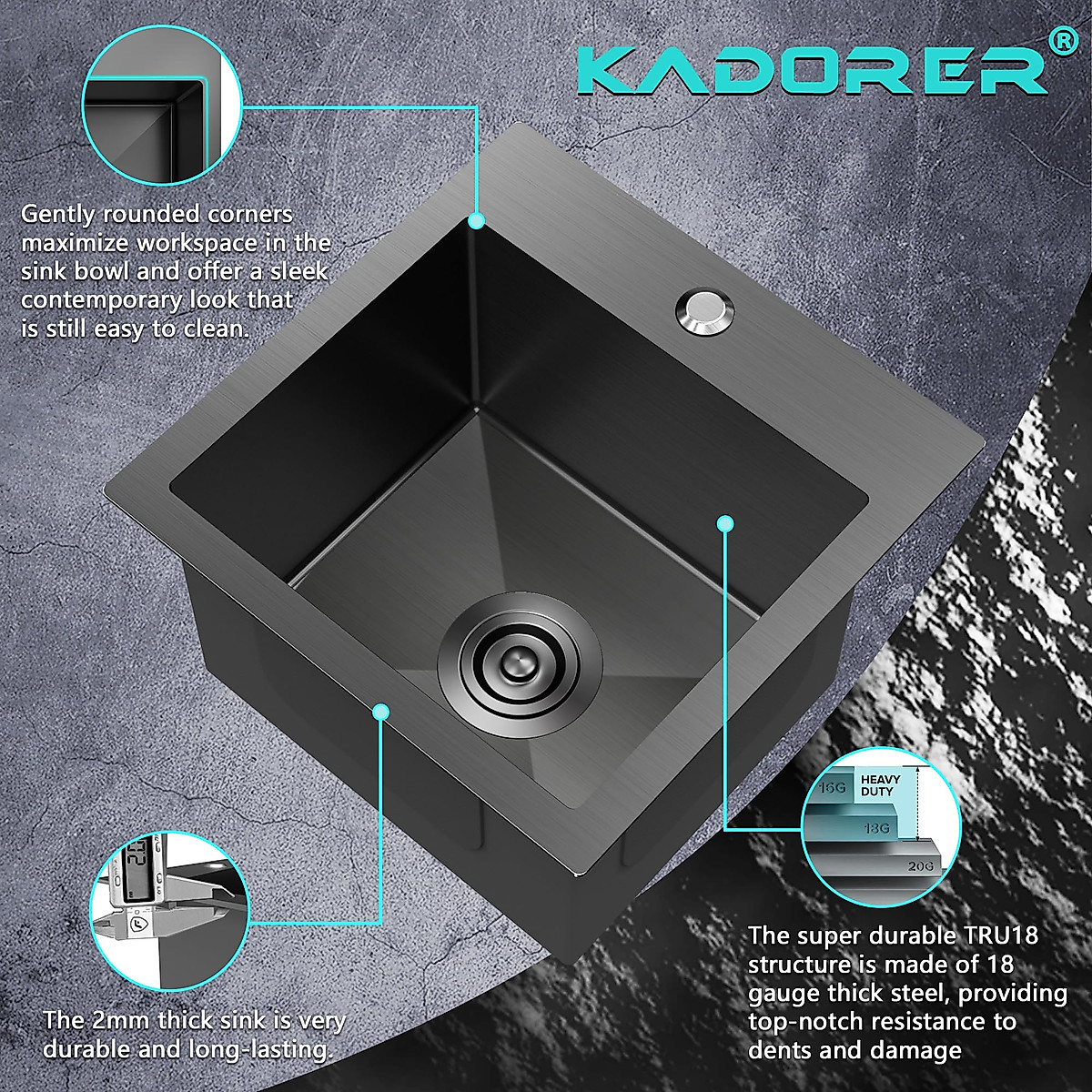 15 x 15 Inch Black Drop In Kitchen Bar Sink, Small Kitchen Sink Single Bowl Topmount Bar Prep Sink 18 Gauge Stainless Steel Bar Sink with Grid and Basket Strainer