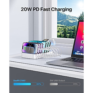 SooPii 8-Port USB-C Charging Station for Multiple Devices, with 1 PD 20W Port Supports Fast Charging, 8pcs Mixed Charging Cables and 1pcs Upgraded Holder for lWatch Charger & Air-Pods, White