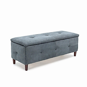 Panana Rectangle Tufted Lift Top Storage Ottoman Bench, Footstool with Solid Wood Legs Upholstered Storage Bench, Gray Linen Fabric