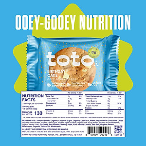 Toto Vegan Cookies, Birthday Cake Cookie, High Fiber Snacks, Gluten Free Cookies, Plant Based Snacks with Superfoods & Adaptogens, 8gr Protein Cookies, Pack of 10 Individually Wrapped Cookies