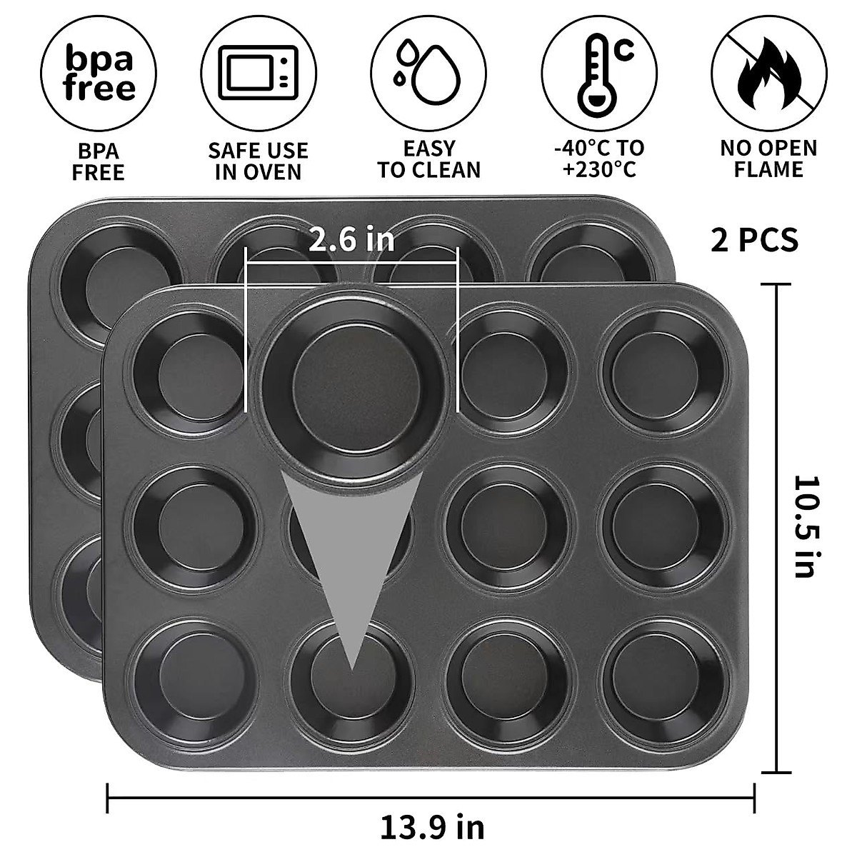 Doubay 12 Cup Muffin Pan - Nonstick Muffin Tins & Cupcake Pans for Baking - Superior Carbon Steel Coating - Safe to Use in 450F Oven - Ideal for Brownies, Cakes, Quiche - Dishwasher Safe