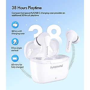 True Wireless Earbuds Noise Cancelling FUNSOUND Bluetooth 5.3 Headphones with 4 Mics, 60Hrs Playtime IPX7 Waterproof Bluetooth Earbuds Stereo in Ear Headphones for Sports Running Workout Gaming, White