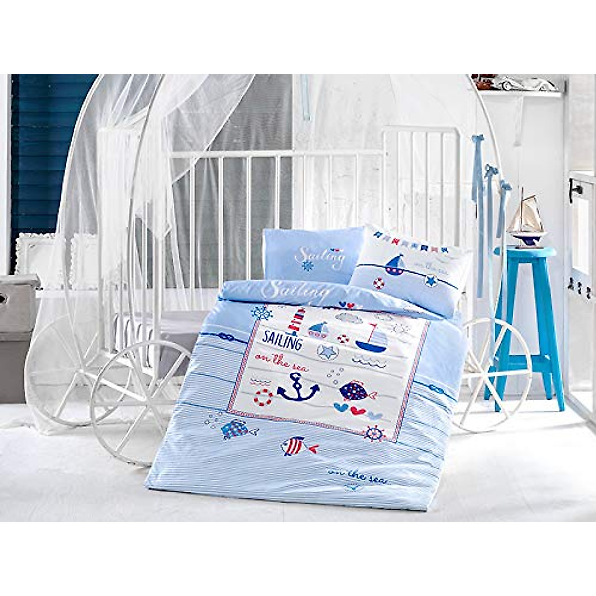 paradise RANFORCE 100% Cotton Nautical Baby Bedding Sailing Fish Lighthouse Themed Nursery Baby Bed Set, Toddlers Crib Bedding for Baby Girls Boys Unisex, Duvet Cover Set with Comforter, 5 Pieces