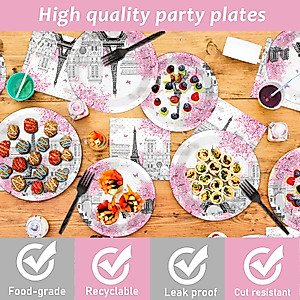 98 Pcs Paris Eiffel Tower Tableware Set Paris Eiffel Tower Party Plates Napkins Paris Table Cover Eiffel Tower Dinnerware for Kid Boy Girl Birthday Weddings Party Decorations Favors for 24 Guest