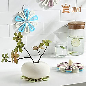 Silicone Trivet Mat 6 PCS with Storage Base, GUANCI Hot Pot Holder Hot Pads for Table & Countertop Set Non-Slip & Heat Resistant Modern Kitchen Hot Pads for Pots & Pans(Pink, Blue and Green)