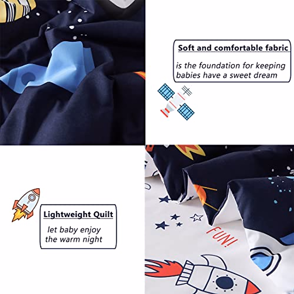 PERFEMET 4 Pcs Toddler Bedding Dark Blue Outer Space Printed Toddler Bed Set with Kids Sheets Reversible Planet Rocket Pattern Bed in a Bag(Dark Blue, Planet/Rocket)