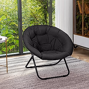 Grezone Folding Saucer Chair, Oversized Lazy Moon Chair with Metal Frame, Comfy Bedroom Chairs for Bedroom, Living Room, Study Black JC
