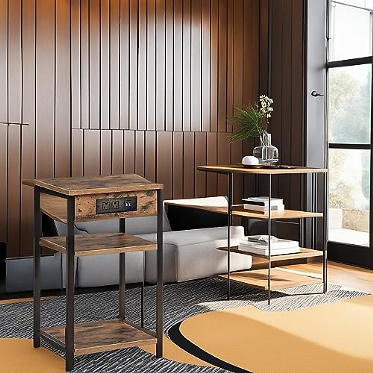 VGWHY End Table with Charging Station, 3 Tier Side Table with USB Ports and Power Outlets, Rustic Brown Night Stand for Living Room, Bedroom