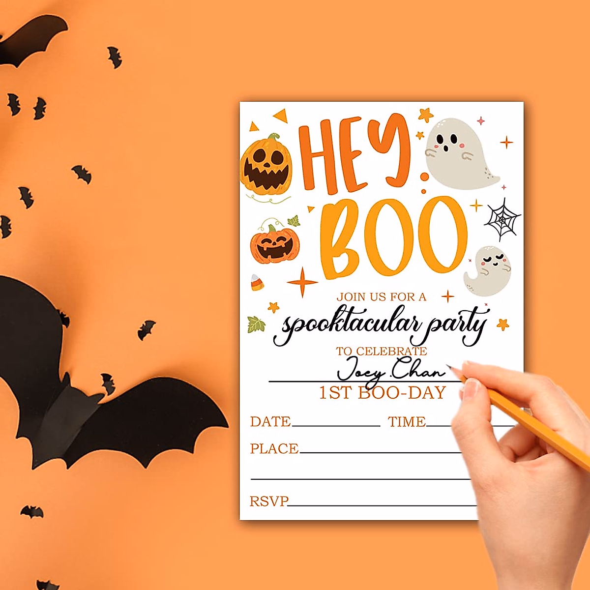 Deluxe Halloween or Costume Party Invitations, 25 Fill-in Cards with Envelopes, Pumpkin, Ghost, Monster, Cute Trick or Treat, Box or Treat for Kids Birthday or Adult party - 4"X6" (JRM359)